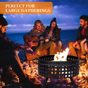 Vipush Fire Pit 30" Wood Burning Portable Outdoor Fire Pits - Large Steel BBQ Grill Fire Bowl with Spark Screen for Outside Patio ​Fire Poker Steel Round Fireplace for Camping Bonfire Beach Backyard