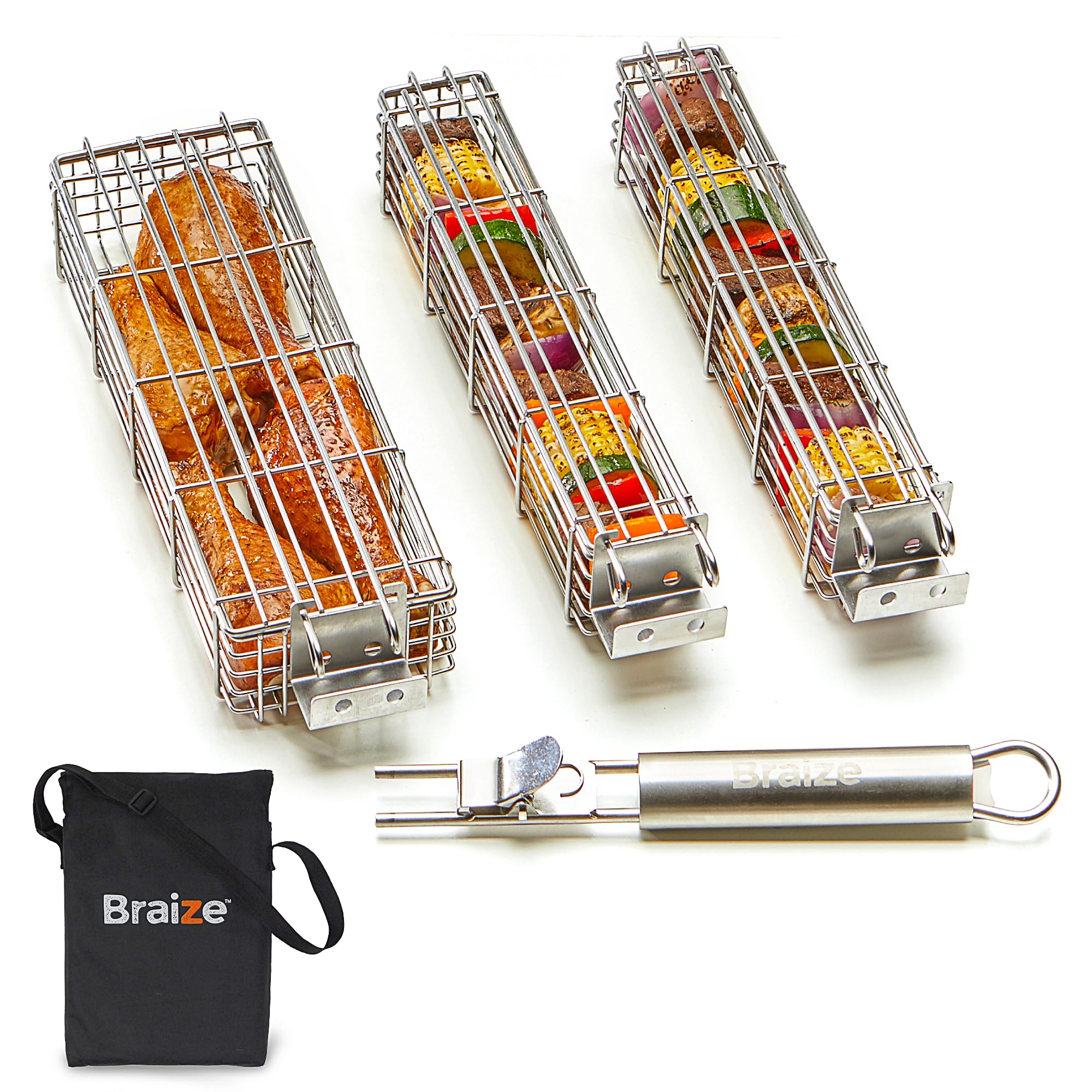 BRAIZE Large Kabob Grilling Basket Set of 4 with Removable Handle. Stainless Steel construction with a Larger Capacity (12 x 2 x 2) and secure easy-latch lid. (Without storage bag)