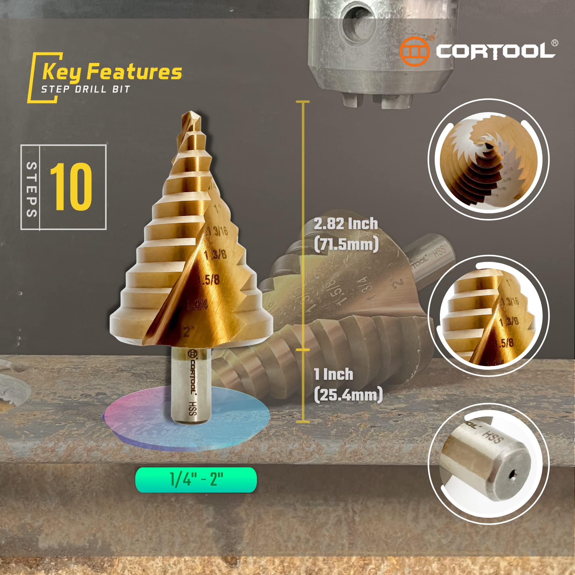 CORTOOL 2-Inch HSS Spiral Groove Step Drill Bit, 10 Sizes Cobalt Added High Speed Steel 1/4" to 2" Drill Bit for Sheet Aluminium Metal Wood, Big Multiple Hole Stepped Up Bit for DIY Lovers