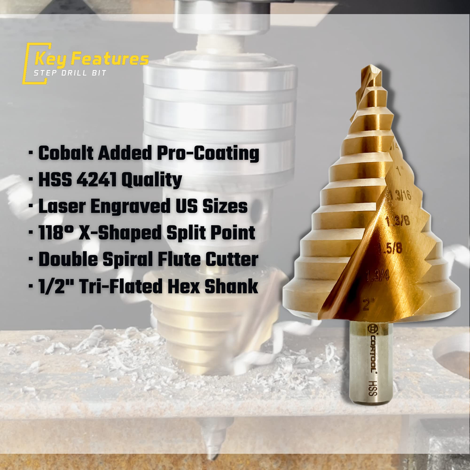 CORTOOL 2-Inch HSS Spiral Groove Step Drill Bit, 10 Sizes Cobalt Added High Speed Steel 1/4" to 2" Drill Bit for Sheet Aluminium Metal Wood, Big Multiple Hole Stepped Up Bit for DIY Lovers