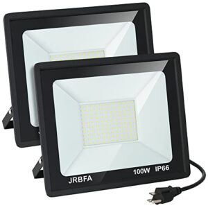 jrbfa 2 pack 100w led flood lights outdoor, 10000lm led work light with plug, 6500k daylight white, ip66 waterproof exterior outside floodlights for backyard, garage, garden, lawn