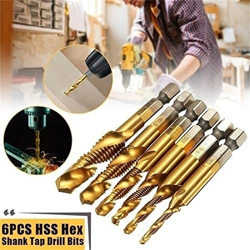 Gokmnjiuh 6PCS HSS Spiral Hex Shank Combination Drill Screw Tap Bit Set Tool