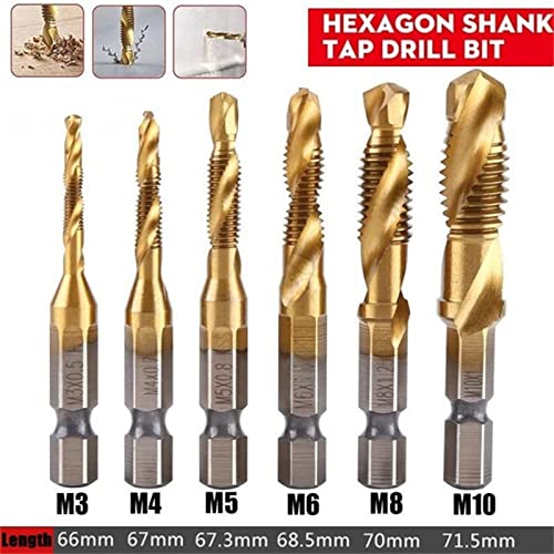 Gokmnjiuh 6PCS HSS Spiral Hex Shank Combination Drill Screw Tap Bit Set Tool