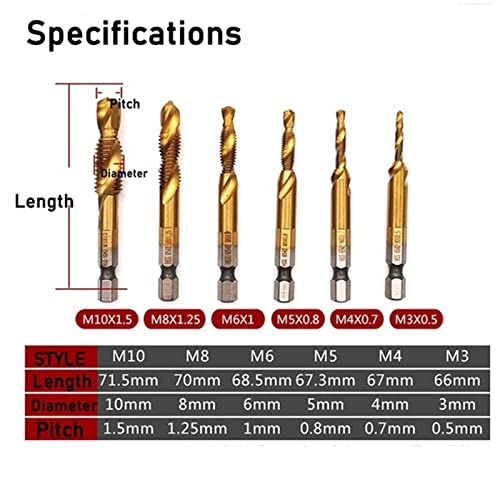 Gokmnjiuh 6PCS HSS Spiral Hex Shank Combination Drill Screw Tap Bit Set Tool