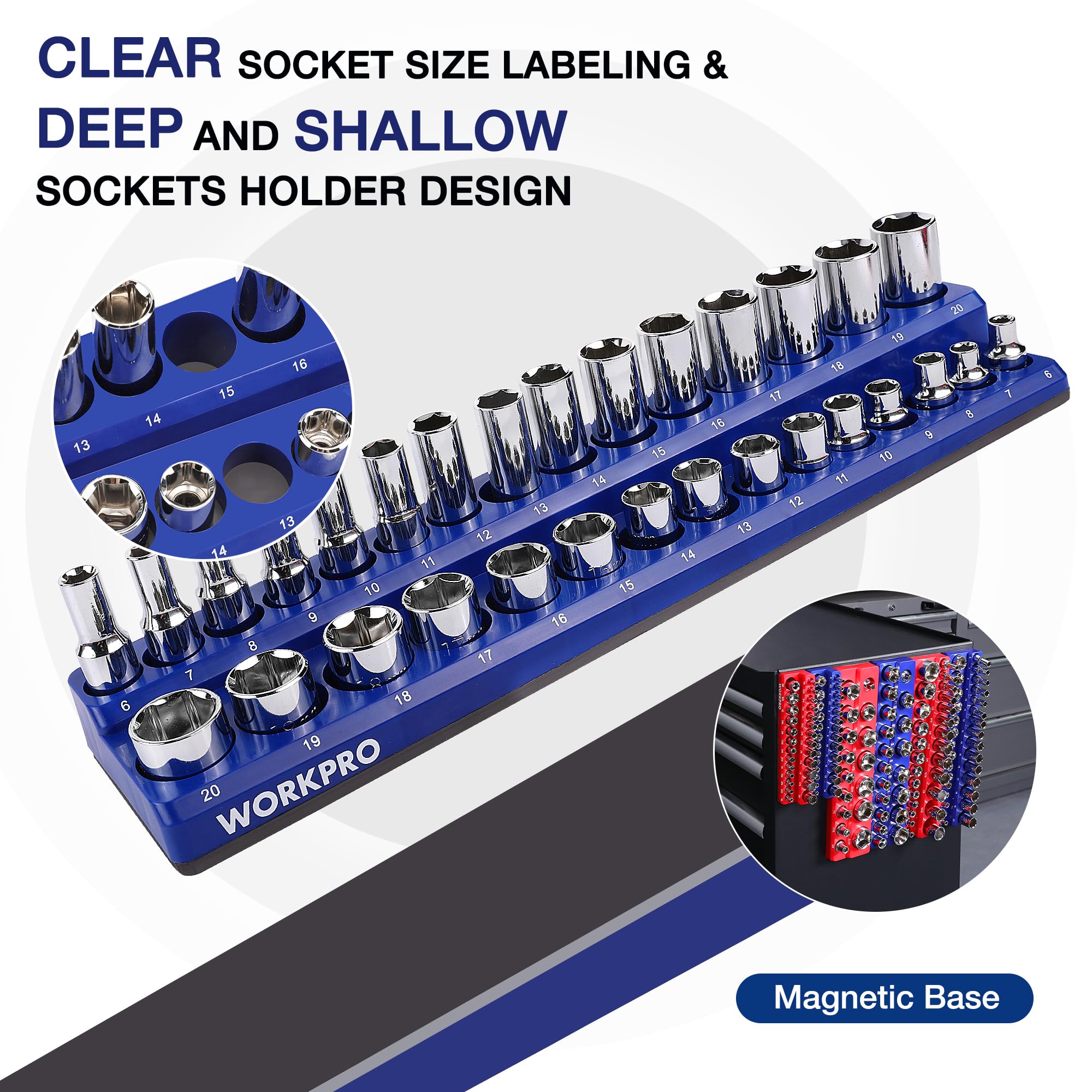 WORKPRO Magnetic Socket Organizer Set, 6-Piece Socket Holder Set Includes 1/4", 3/8", 1/2" Drive Metric SAE Socket Trays, Holds 141 Pieces Standard Size and Deep Size Sockets(Socket not Included)