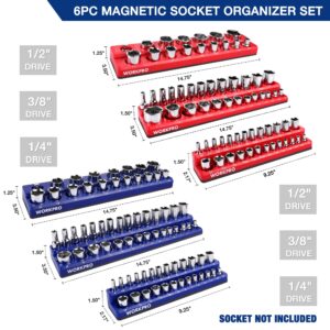 WORKPRO Magnetic Socket Organizer Set, 6-Piece Socket Holder Set Includes 1/4", 3/8", 1/2" Drive Metric SAE Socket Trays, Holds 141 Pieces Standard Size and Deep Size Sockets(Socket not Included)