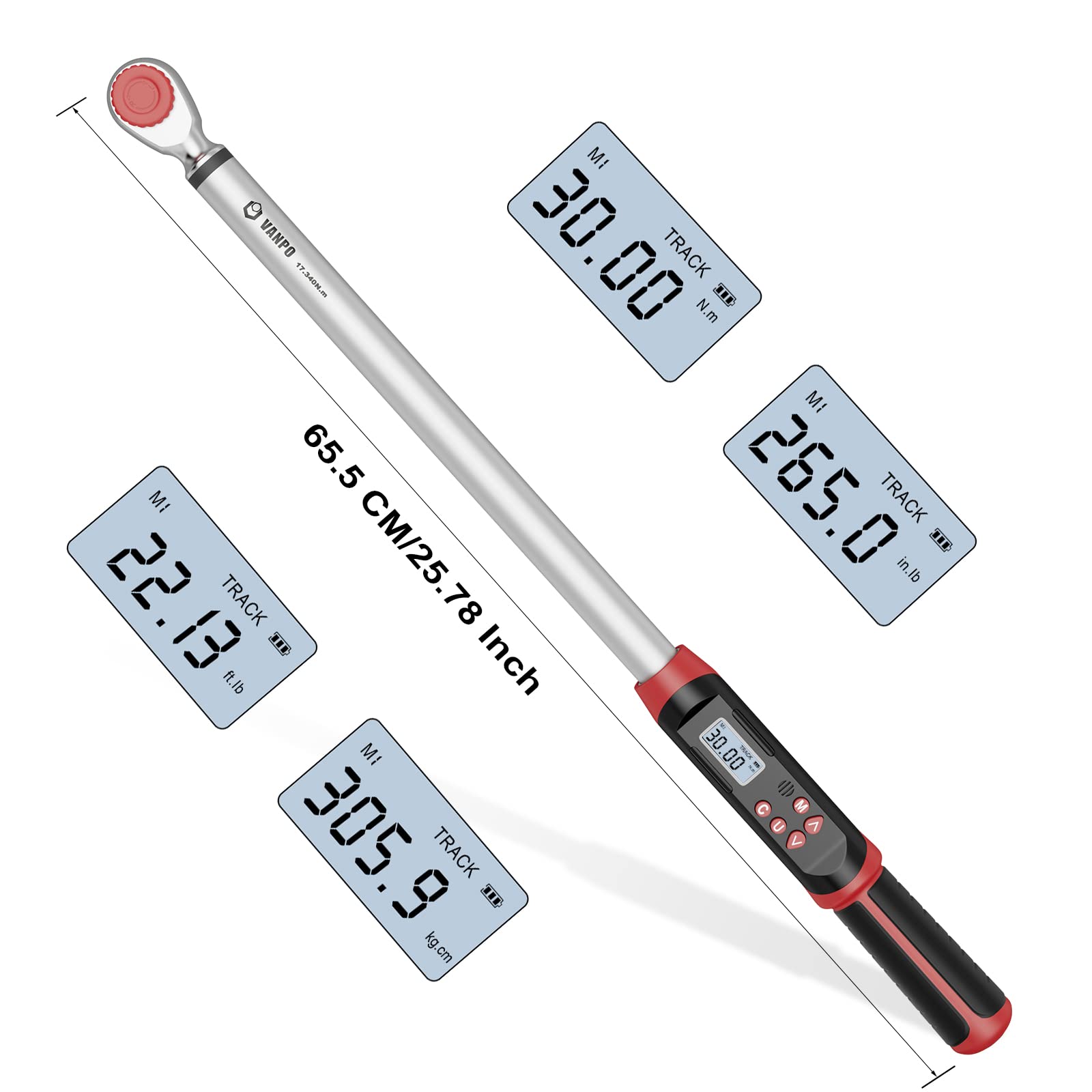 VANPO 1/2-Inch Drive Digital Torque Wrench(12.5-250.8 ft-lbs./17-340Nm), Electronic Torque Wrench with Buzzer & LED Indicator, Accurate to ±2%,Torque Wrench Set for Bike Moto Car