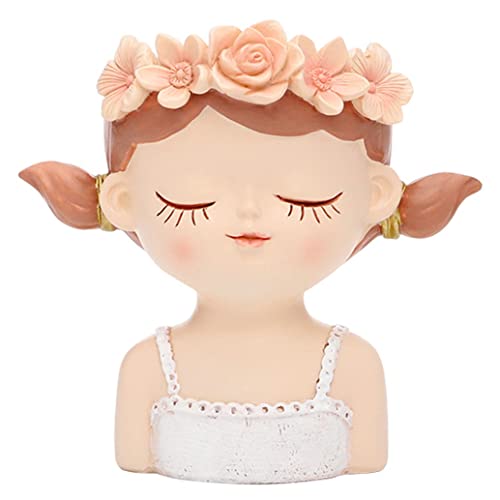 4.35" Cute Head Planter Pot Resin Succulent Planter Little Girl Flower Pot, Human Face Cactus Plants Container Bonsai Holder Thumb Pot Fairy Figurine Statue Planters with Drainage Decor Gift