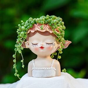 4.35" cute head planter pot resin succulent planter little girl flower pot, human face cactus plants container bonsai holder thumb pot fairy figurine statue planters with drainage decor gift