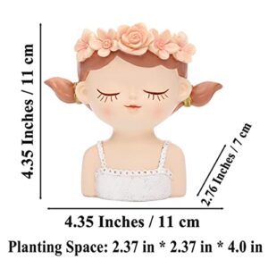 4.35" Cute Head Planter Pot Resin Succulent Planter Little Girl Flower Pot, Human Face Cactus Plants Container Bonsai Holder Thumb Pot Fairy Figurine Statue Planters with Drainage Decor Gift