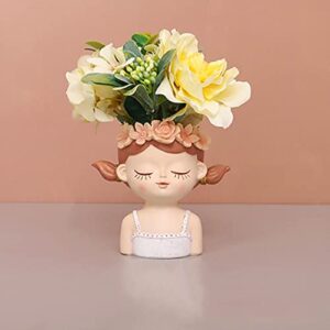 4.35" Cute Head Planter Pot Resin Succulent Planter Little Girl Flower Pot, Human Face Cactus Plants Container Bonsai Holder Thumb Pot Fairy Figurine Statue Planters with Drainage Decor Gift