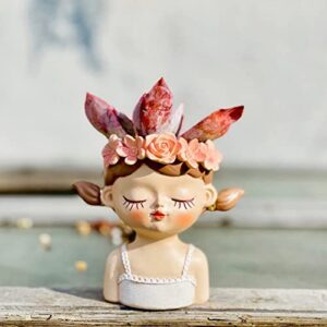 4.35" Cute Head Planter Pot Resin Succulent Planter Little Girl Flower Pot, Human Face Cactus Plants Container Bonsai Holder Thumb Pot Fairy Figurine Statue Planters with Drainage Decor Gift