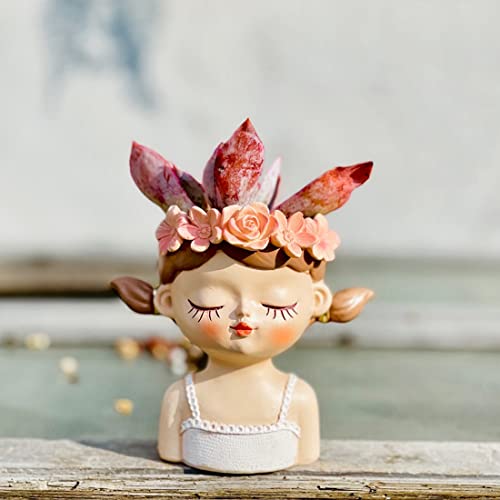 4.35" Cute Head Planter Pot Resin Succulent Planter Little Girl Flower Pot, Human Face Cactus Plants Container Bonsai Holder Thumb Pot Fairy Figurine Statue Planters with Drainage Decor Gift