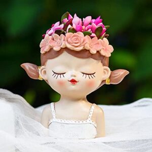 4.35" Cute Head Planter Pot Resin Succulent Planter Little Girl Flower Pot, Human Face Cactus Plants Container Bonsai Holder Thumb Pot Fairy Figurine Statue Planters with Drainage Decor Gift