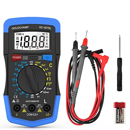 GOLDCHAMP 2000pF~200μF Capacitor Tester, 20Ω~2000MΩ Ohm Meter, Capacitance Meter, hFE Test Multimeter, Manual Range, Back Light, Auto Power Off, Testing Meter Tool