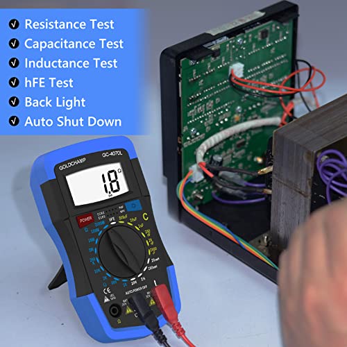 GOLDCHAMP 2000pF~200μF Capacitor Tester, 20Ω~2000MΩ Ohm Meter, Capacitance Meter, hFE Test Multimeter, Manual Range, Back Light, Auto Power Off, Testing Meter Tool