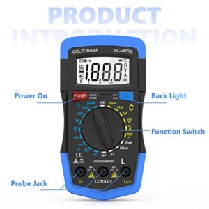 GOLDCHAMP 2000pF~200μF Capacitor Tester, 20Ω~2000MΩ Ohm Meter, Capacitance Meter, hFE Test Multimeter, Manual Range, Back Light, Auto Power Off, Testing Meter Tool