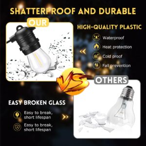 J luster Solar Outdoor String Light, Waterproof Patio String Lights with 15 Shatterproof LED Bulb 2700K for Outdoor, Patio, Porch, Backyard (48FT)