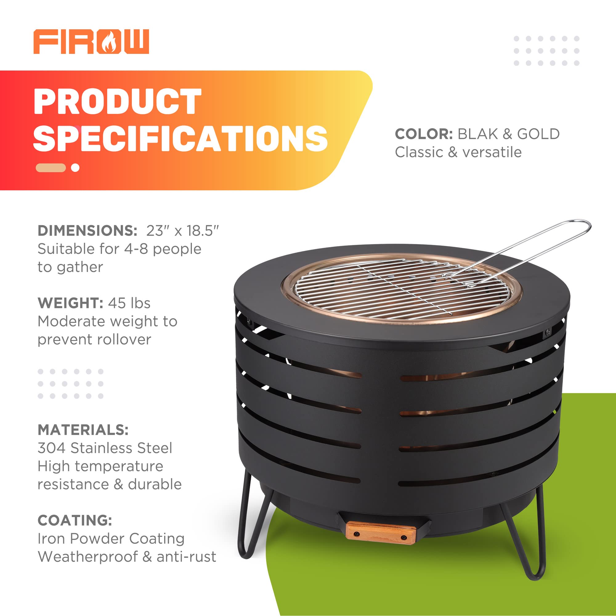 FIROW Smokeless Fire Pit, 23 Inch Fire Pit for Outside with Removable Ash Pan, Outdoor Firepit Ideal for Camping,Bonfire and Backyard, Include Fire Poker, Firepit Cover and Grill Rack