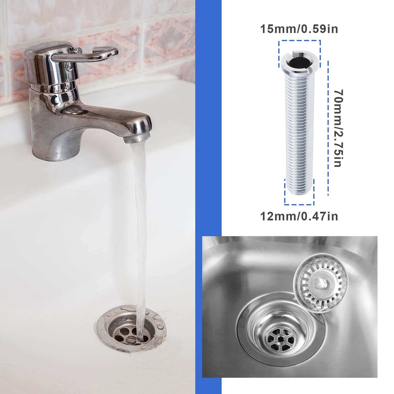 Micro Traders 70mm Ceramic Wash Basin Extended Bolt Screw Kitchen Sink Basket Strainer Plug Screw for Marble Artificial Quartz Stone Wash Basin