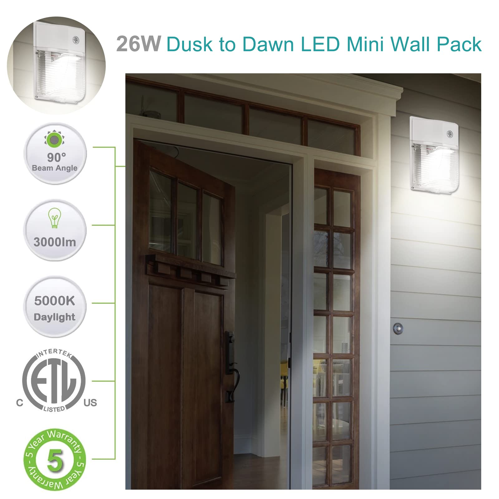 CINOTON 26W LED Wall Pack Light with Dusk to Dawn Sensor, 3000LM[100-277Vac/160W HID/HPS Equiv.] IP65 Waterproof Outdoor Security Flood Lighting for Garage Warehouse Garden 5000K-Daylight 2 Pack-White