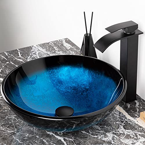 KLINCAIR Vessel Sink Artistic Tempered Glass Vessel Sinks Basin Bowl Set | Top Mount Bathroom Sinks Above Counter with Matte Black Waterfall Faucet and Pop-up Drain Combo (Ocean Blue)