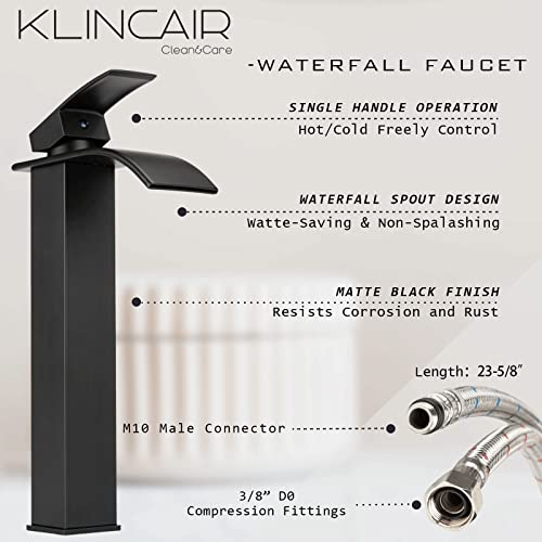 KLINCAIR Vessel Sink Artistic Tempered Glass Vessel Sinks Basin Bowl Set | Top Mount Bathroom Sinks Above Counter with Matte Black Waterfall Faucet and Pop-up Drain Combo (Ocean Blue)