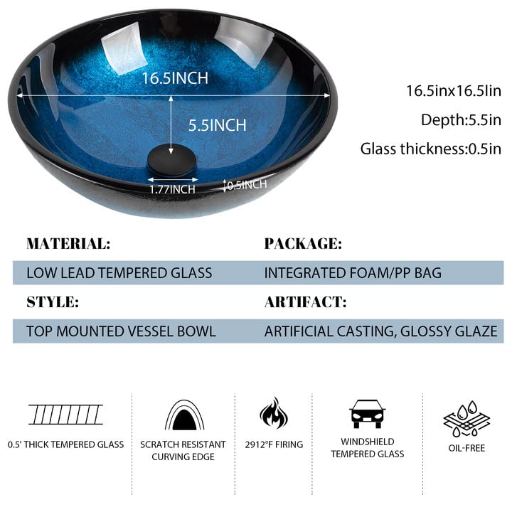 KLINCAIR Vessel Sink Artistic Tempered Glass Vessel Sinks Basin Bowl Set | Top Mount Bathroom Sinks Above Counter with Matte Black Waterfall Faucet and Pop-up Drain Combo (Ocean Blue)