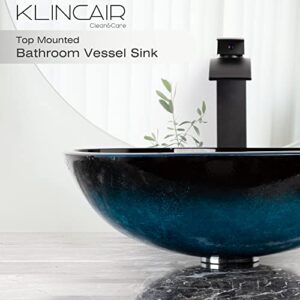 KLINCAIR Vessel Sink Artistic Tempered Glass Vessel Sinks Basin Bowl Set | Top Mount Bathroom Sinks Above Counter with Matte Black Waterfall Faucet and Pop-up Drain Combo (Ocean Blue)