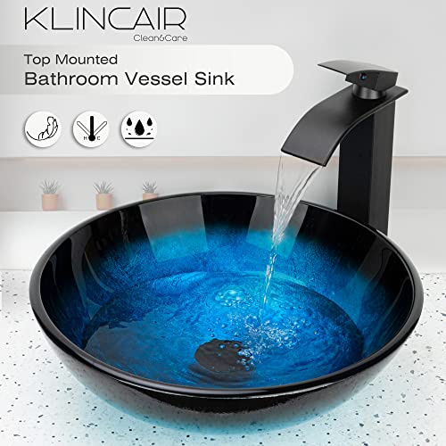 KLINCAIR Vessel Sink Artistic Tempered Glass Vessel Sinks Basin Bowl Set | Top Mount Bathroom Sinks Above Counter with Matte Black Waterfall Faucet and Pop-up Drain Combo (Ocean Blue)