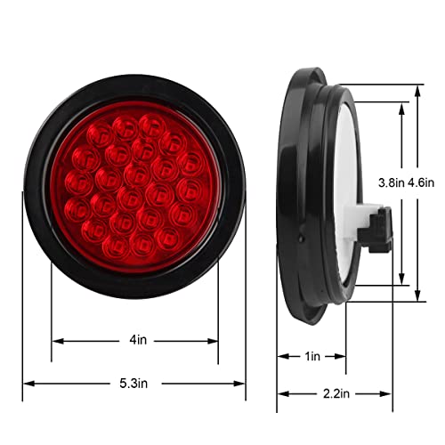 4Pcs 4 Inch Round Led Trailer Tail Lights Red 24 LED Waterproof 4" Brake Stop Turn Tail Marker Trailer Lights Sealed Flush Mount for Truck Trailer RV Boat Jeep UTE UTV 12V Grommet and Plug Included