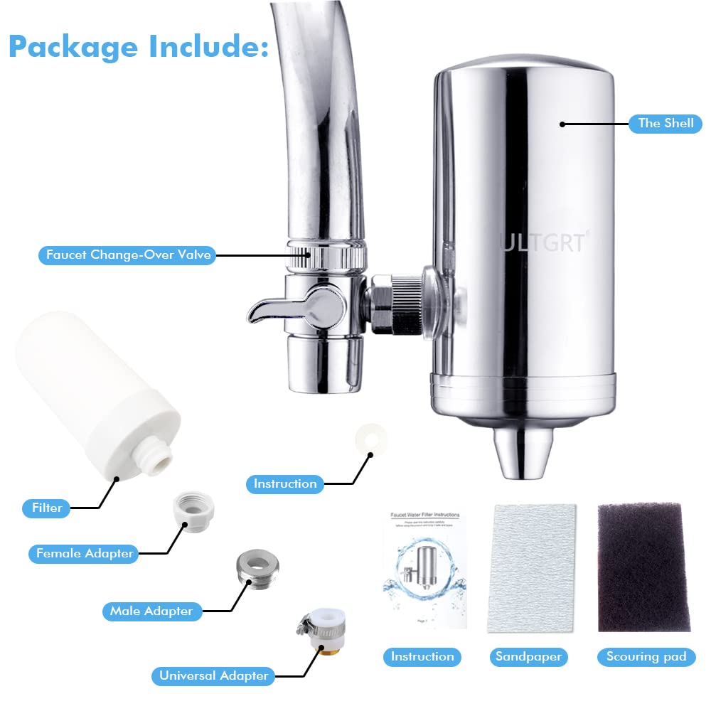 Faucet Water Filter Kitchen Tap Water Purifier Stainless Steel Faucet Mount Water Filtration System Remove Chlorine, Odor, Sediment, Improve Taste (1 Filter Element Included)