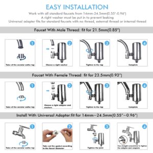 Faucet Water Filter Kitchen Tap Water Purifier Stainless Steel Faucet Mount Water Filtration System Remove Chlorine, Odor, Sediment, Improve Taste (1 Filter Element Included)