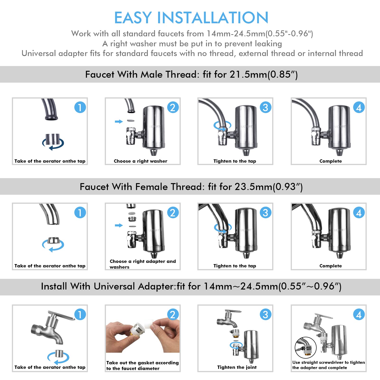 Faucet Water Filter Kitchen Tap Water Purifier Stainless Steel Faucet Mount Water Filtration System Remove Chlorine, Odor, Sediment, Improve Taste (1 Filter Element Included)