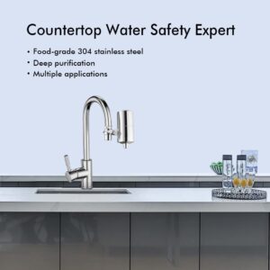 Faucet Water Filter Kitchen Tap Water Purifier Stainless Steel Faucet Mount Water Filtration System Remove Chlorine, Odor, Sediment, Improve Taste (1 Filter Element Included)