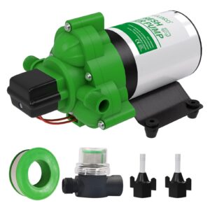 rvguard fresh water pump, 12v dc self priming diaphragm water pump, 3.5 gpm with strainer filter, adapters, for rv, yacht, garden, camper