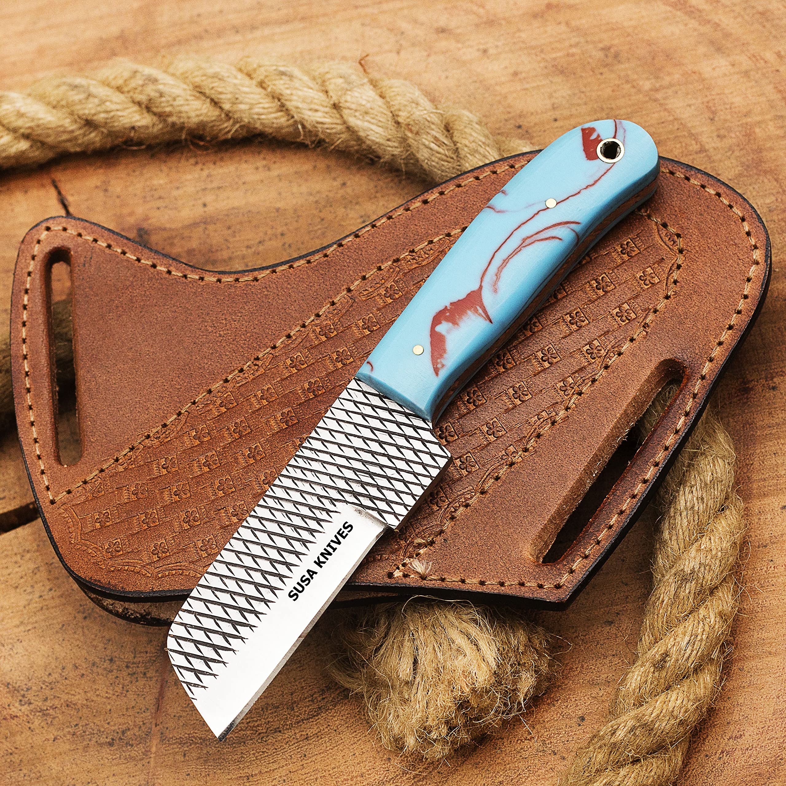 SUSA KNIVES Custom Handmade Rasp Bull Cutter knives horse file steel bull cutter knife, cowboy skinner knife with pancake leather sheath (BLUE)