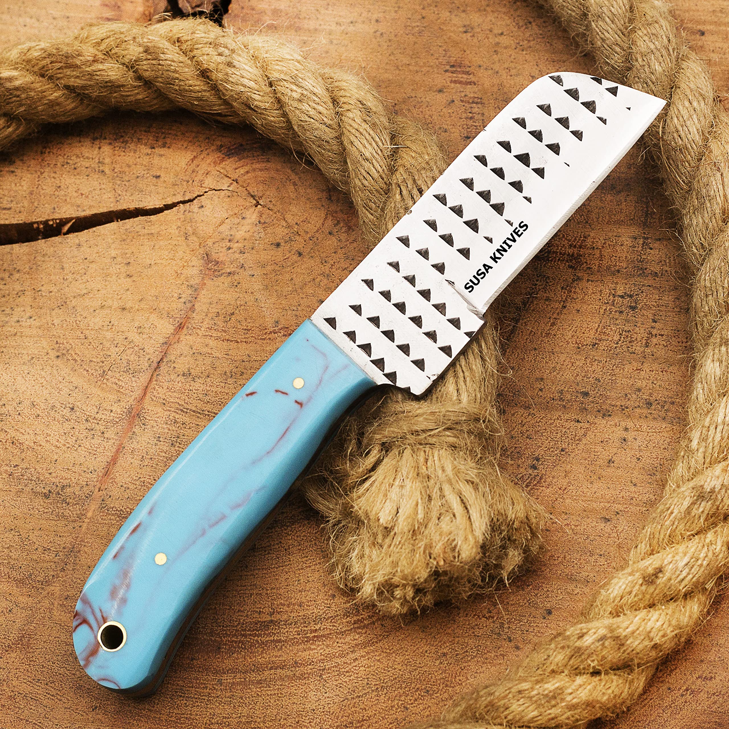 SUSA KNIVES Custom Handmade Rasp Bull Cutter knives horse file steel bull cutter knife, cowboy skinner knife with pancake leather sheath (BLUE)