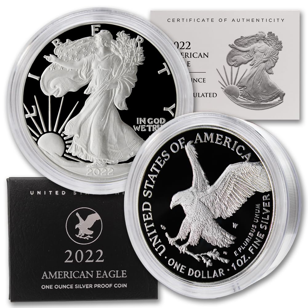 2022 W 1 oz Proof American Silver Eagle Coin (PF - in Capsule) with Certificate of Authenticity and Original United States Mint Box $1 Seller Mint State