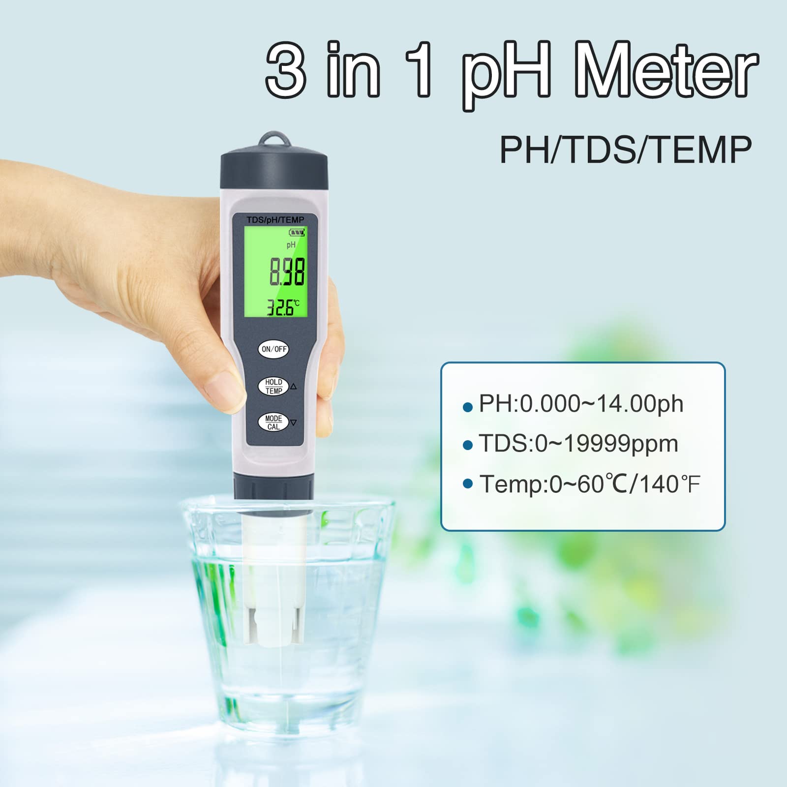 3 in 1 PH Meter with TDS/Temp Meter, TDS Water Tester ±0.05 PH High Accuracy with 0-14 PH Measurement Range