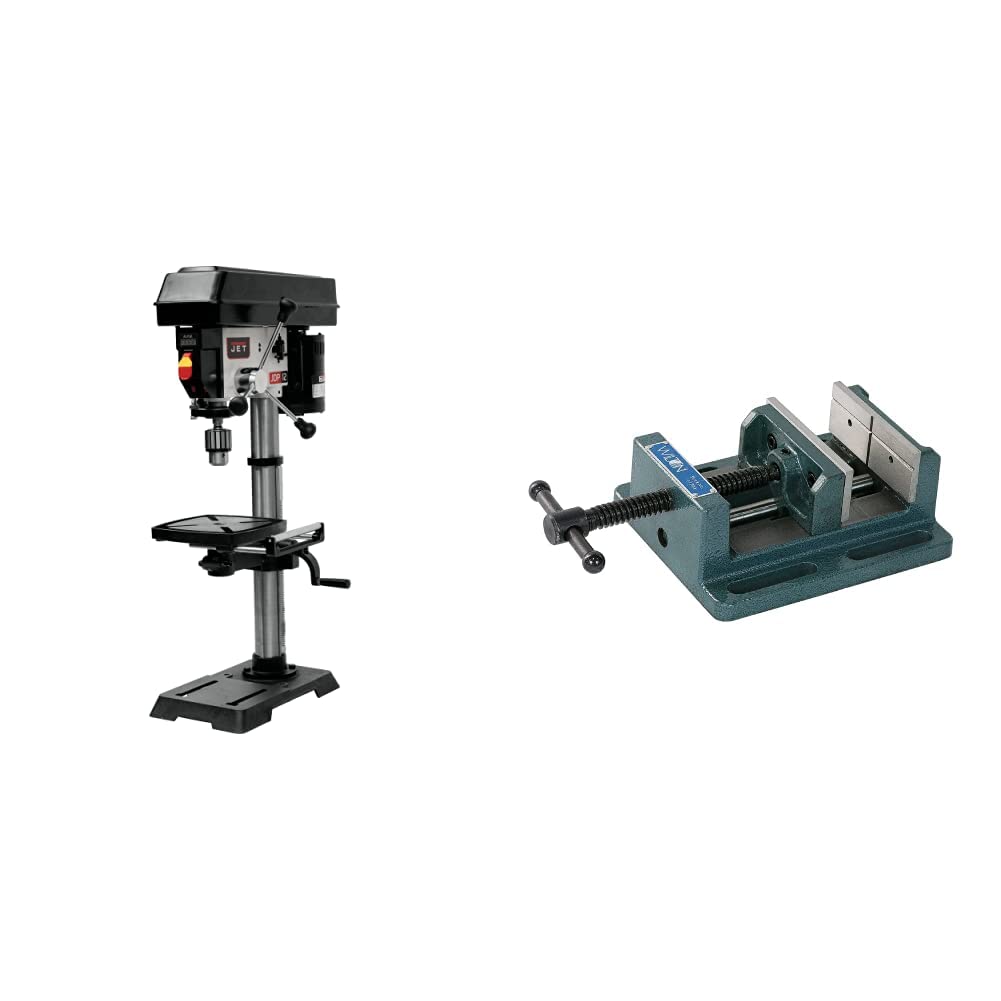 JET JWDP-12, 12-Inch Benchtop Drill Press (716000) and Wilton LP4 Low Profile Drill Press Vise, 4" Jaw Width (11744)