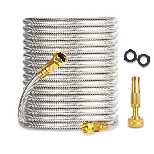 Metal Garden Hose 100FT Heavy Duty Lightweight 304 with Brass Nozzle,Durable Fittings,No Kink & Tangle,Puncture Resistant,Easy to Use & Store for RV,Outdoor, Yard,Ligh (100ft)