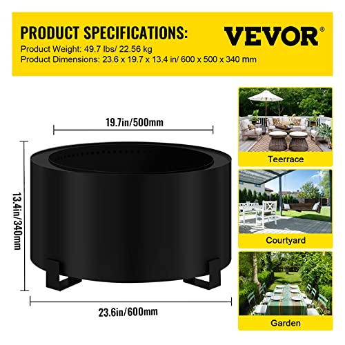 VEVOR Stove Bonfire, Carbon Steel Smokeless Fire Pit, 23.6-inch Diameter Stove Bonfire Fire Pit, Double Wall Design Smokeless Fire Bowl, Portable Wood Burning Fire Pit for Outdoor Picnic Camping Black