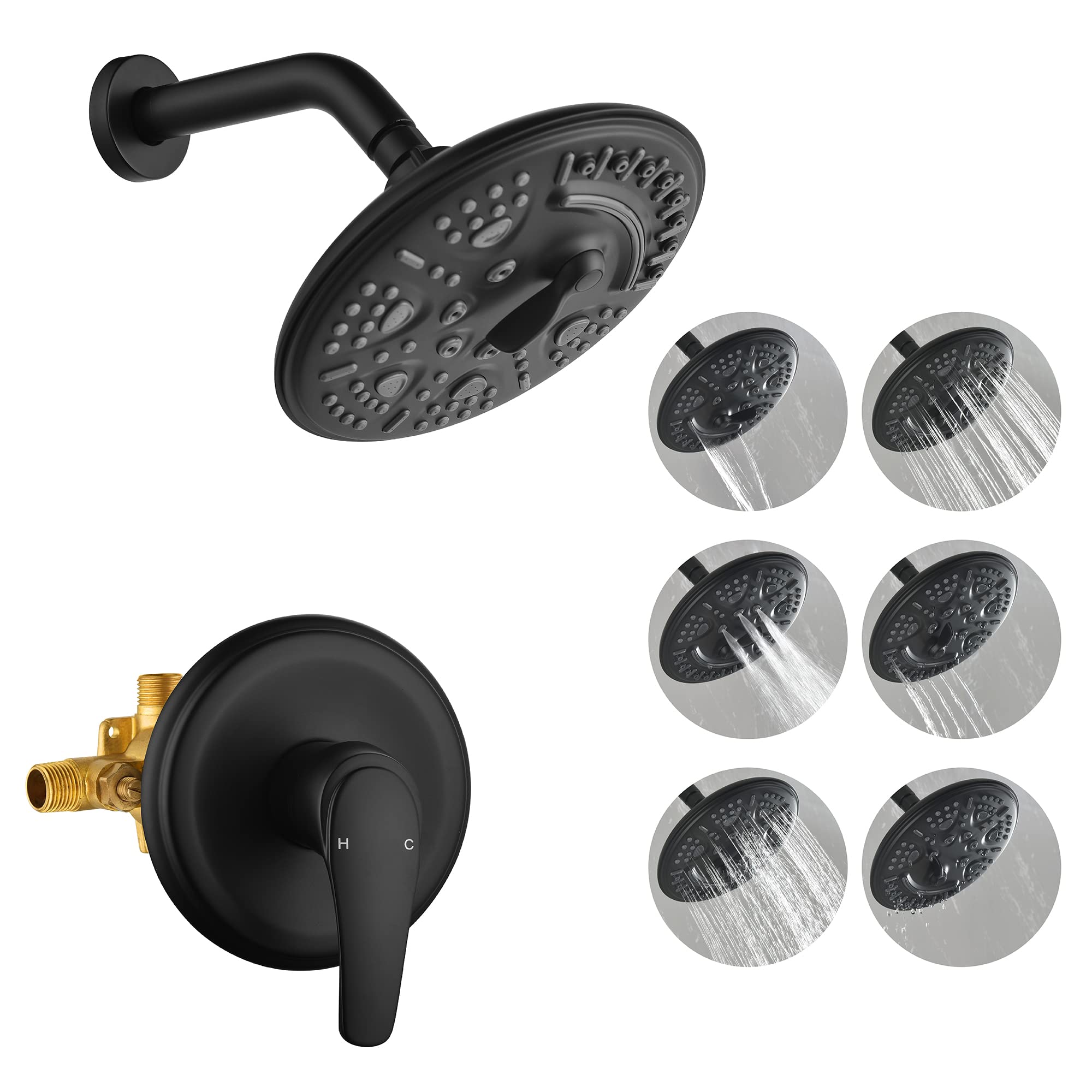 SHAMANDA Luxury Shower System with Valve, Shower Faucet Sets Complete with 6-Spray Shower Head and Handle, Single Function Shower Trim Kit Matte Black, L808-7