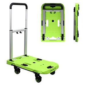 platform hand push cart foldable truck, moving cart dolly, foldable for easy storage and low noise 360 degree swivel wheels with 198 lb weight,green