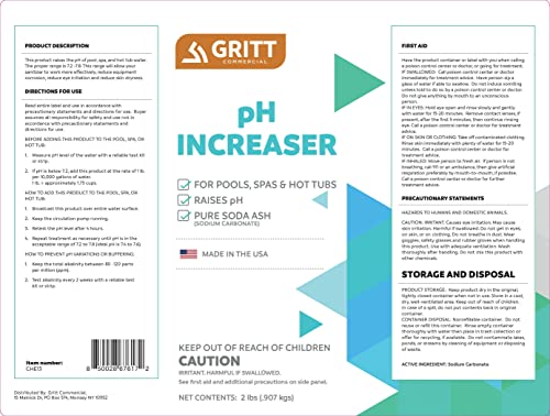 Gritt Commercial pH Increaser | pH up | Swimming Pool, Spa and Hot Tub Chemicals | Raise pH Levels | Soda Ash | Natural 100% Pure Sodium Carbonate Granules | pH Balance | Indoor and Outdoor Pools 2lbs