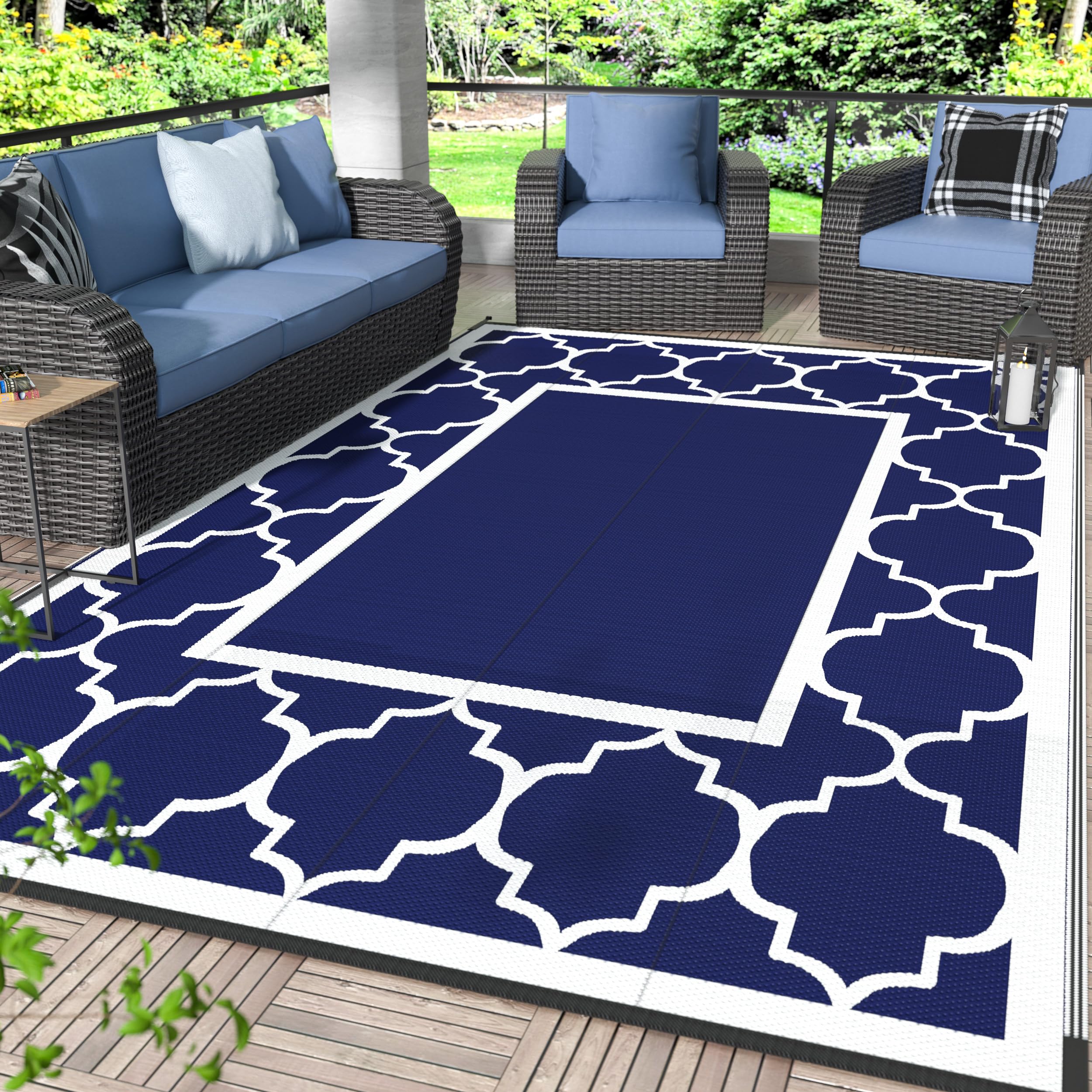 GENIMO 6' x 9' Outdoor Rug Waterproof for Patio Decor, Foldable Reversible Plastic Straw Area Rugs Mat for Camper, Outside Carpet for Rv, Deck, Porch, Picnic, Beach, Balcony, Blue & White