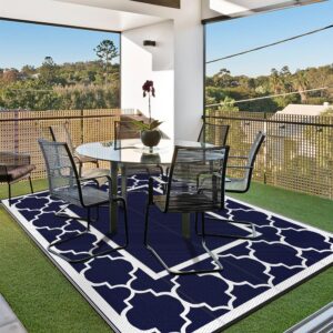 GENIMO 6' x 9' Outdoor Rug Waterproof for Patio Decor, Foldable Reversible Plastic Straw Area Rugs Mat for Camper, Outside Carpet for Rv, Deck, Porch, Picnic, Beach, Balcony, Blue & White