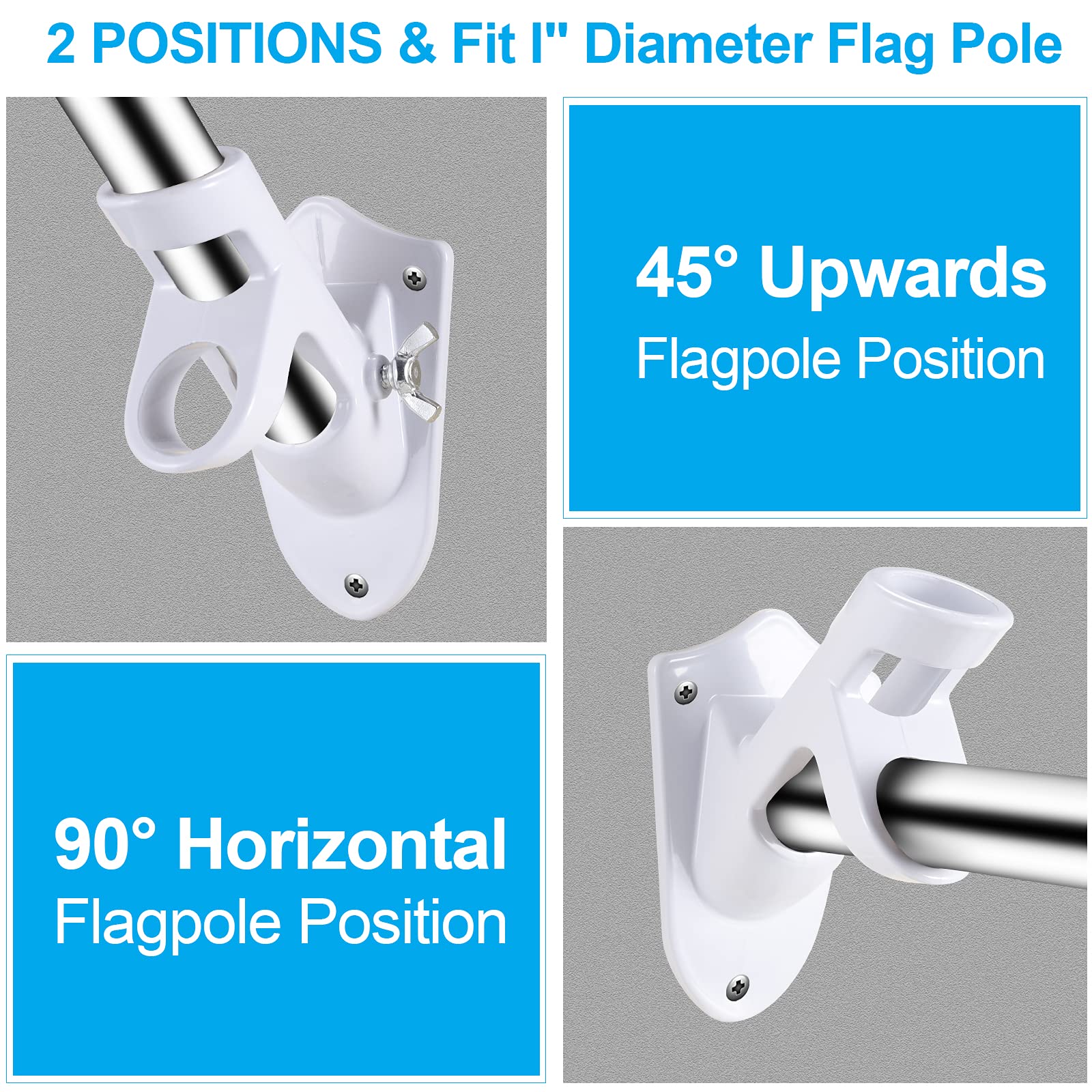 Flag Pole Holder Brackets, BONWIN 1" Flag Pole Mounting Bracket with Hardwares for House Wall Mount, 1" Inner Diameter, Two Positions & Aluminium Alloy, Rust Free Coated (White - 1 Pack)