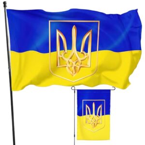 voudlye ukraine flag 3x5 ft and 3ply garden flags 12×18 inch ukrainian national flag with coat of arms trident flags double sided print - fade proof outdoor garden decor